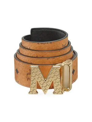 Mcm Men's Claus Reversible Logo Engraved Belt - Black - Cognac