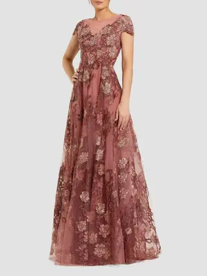 Mac Duggal Cap-sleeve Floral A-line Gown