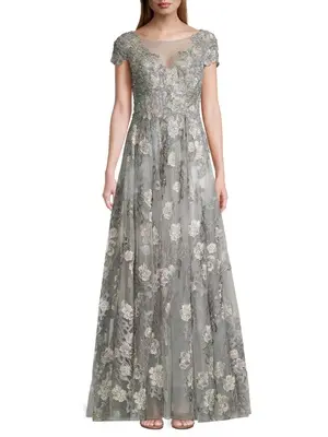 Mac Duggal Cap-sleeve Floral A-line Gown