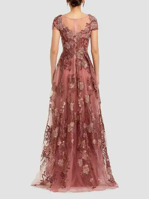 Mac Duggal Cap-sleeve Floral A-line Gown