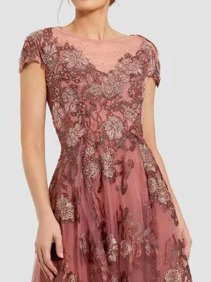 Mac Duggal Cap-sleeve Floral A-line Gown