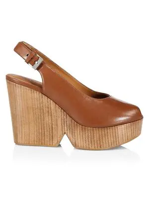 Clergerie Dylan Leather Platform Wedge Slingback Pumps - Wood Nap