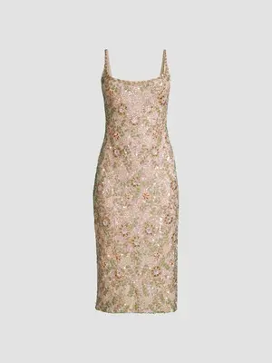 Mac Duggal Floral Beaded Cocktail Sheath Dress - Beige Multi