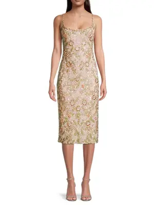Mac Duggal Floral Beaded Cocktail Sheath Dress - Olive