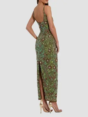 Mac Duggal Floral Beaded Cocktail Sheath Dress - Olive