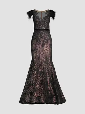 Mac Duggal Velvet Floral Applique Mermaid Gown - Black
