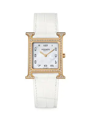 Hermès Heure H 18k Rose Gold, 0.45 Tcw Diamond & Alligator Strap Watch/26mm Alligator Matte Chantilly