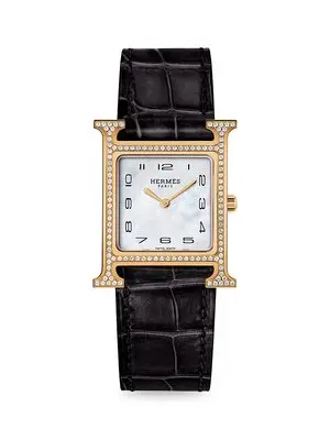 Hermès Heure H 18k Rose Gold, 0.45 Tcw Diamond & Alligator Strap Watch/26mm Black