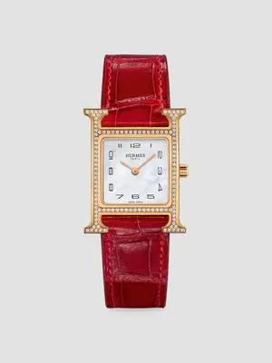 Hermès Heure H 18k Rose Gold, 0.45 Tcw Diamond & Alligator Strap Watch/26mm - Red