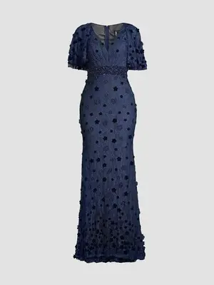 Mac Duggal Floral Embellished V-neck Gown