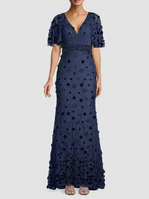 Mac Duggal Floral Embellished V-neck Gown