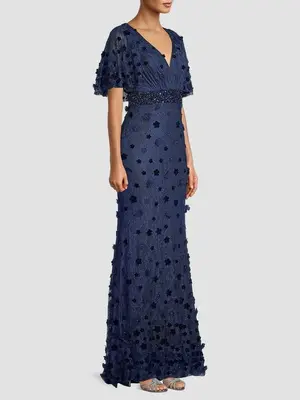 Mac Duggal Floral Embellished V-neck Gown
