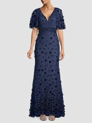 Mac Duggal Floral Embellished V-neck Gown