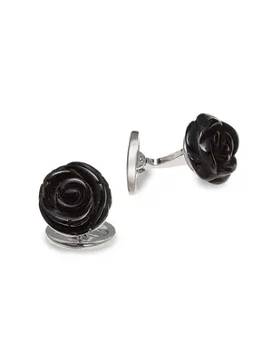JAN LESLIE Black Onyx & Sterling Carved Rose Cufflinks - Silver