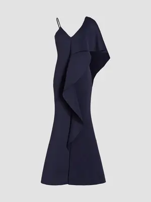 Badgley Mischka Asymmetrical Neoprene Ruffle Gown