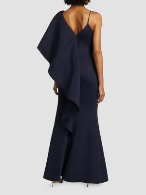 Badgley Mischka Asymmetrical Neoprene Ruffle Gown
