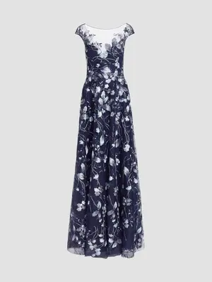 Rickie Freeman For Teri Jon Embroidered Mesh Gown - Navy Silver