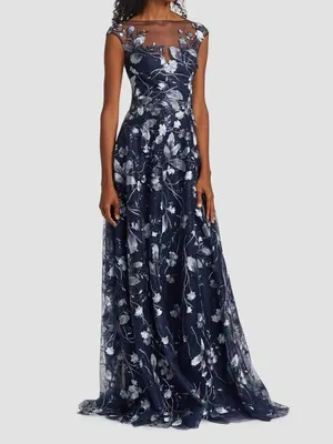 Rickie Freeman For Teri Jon Embroidered Mesh Gown - Navy Silver