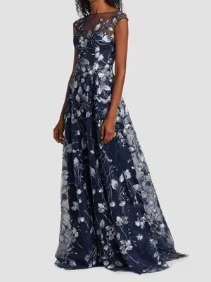Rickie Freeman For Teri Jon Embroidered Mesh Gown - Navy Silver