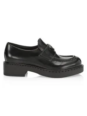 Prada Women's Spazzolato Logo Platform Leather Loafers - Nero  Bianco