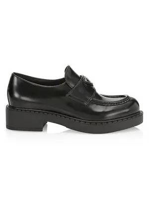 Prada Women's Spazzolato Logo Platform Leather Loafers - Nero  - Nero