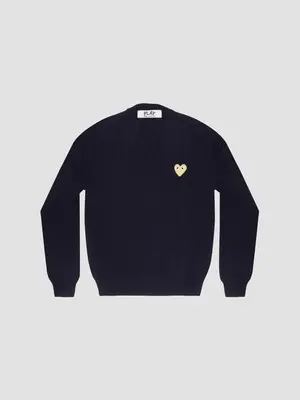 Play Comme Des Garcon Wool V-neck Heart Sweater - Navy