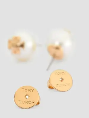 Tory Burch Crystal-pearl Yellow Goldtone Logo Stud Earrings