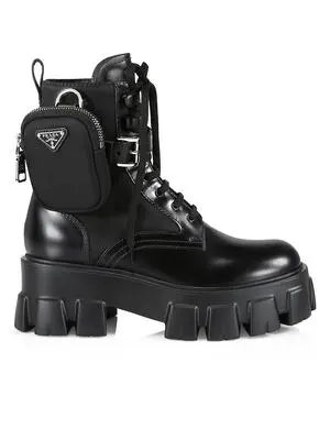 Prada Women's Monolith 55 Leather & Nylon Lug-Sole Combat Boots - Bianco  - Nero