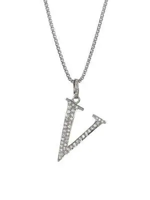 Nina Gilin Silvertone & Natural Champagne Diamond Initial Pendant Necklace Initial V