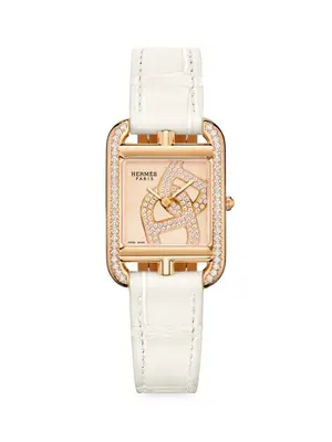 Hermès Cape Cod 31mm Chain D'ancre 18k Rose Gold, Diamond & Alligator Strap Watch - White