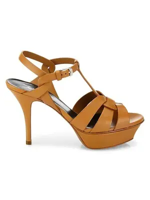 Saint Laurent Tribute 75mm Leather Platform Sandals Cognac