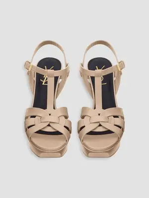 Saint Laurent Tribute 75mm Leather Platform Sandals - Dark Beige