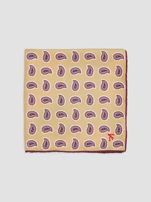 Isaia Paisley Silk Pocket Square - Beige Bordeaux