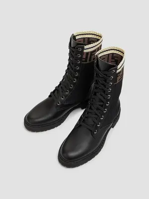 Fendi Rockoko Leather & Knit Combat Boots