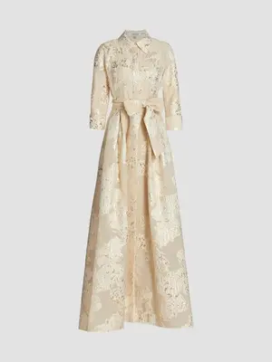 Rickie Freeman For Teri Jon Three-quarter Sleeve Metallic Jacquard Shirt Waist Gown - Champagne