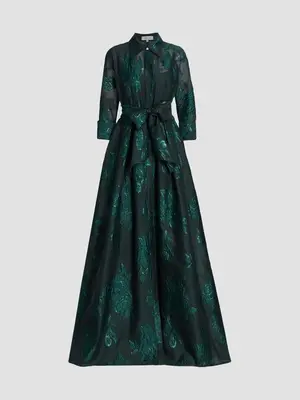 Rickie Freeman For Teri Jon Three-quarter Sleeve Metallic Jacquard Shirt Waist Gown - Emerald