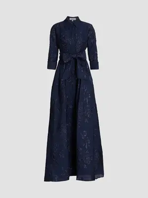 Rickie Freeman For Teri Jon Three-quarter Sleeve Metallic Jacquard Shirt Waist Gown - Navy