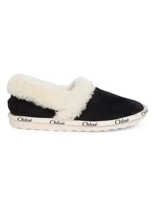 Chloé Women's Woody Suede Shearling-Trim Logo Slippers - Black  - Black