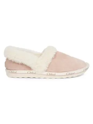 Chloé Women's Woody Suede Shearling-Trim Logo Slippers - Black  Maple Pink