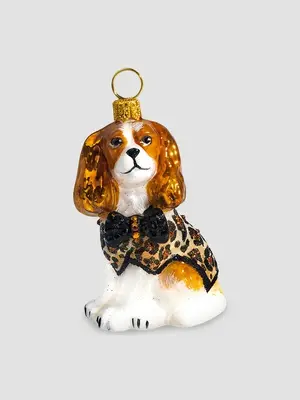 JOY TO THE WORLD COLLECTIBLES Diva Dog Cav King Blenheim In Coat & Crystal Bow Tie Ornat - Black