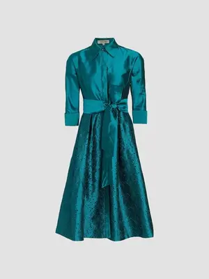 Rickie Freeman For Teri Jon Taffeta Laser Cut Shirtdress - Teal