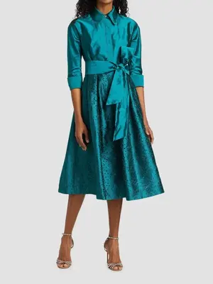 Rickie Freeman For Teri Jon Taffeta Laser Cut Shirtdress - Teal