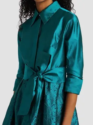Rickie Freeman For Teri Jon Taffeta Laser Cut Shirtdress - Teal