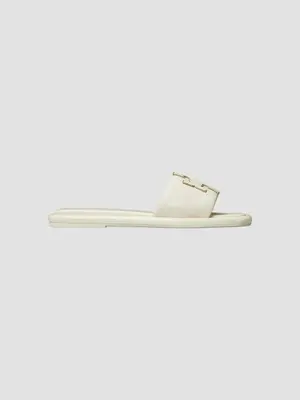 Tory Burch Double-t Monogram Padded Leather Slide Sandals Cream