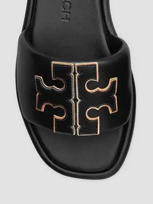 Tory Burch Double-t Monogram Padded Leather Slide Sandals - Perfect Black