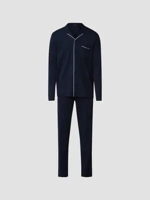 Hanro Basic Piped 2-piece Long Pajama Set - Deep Navy