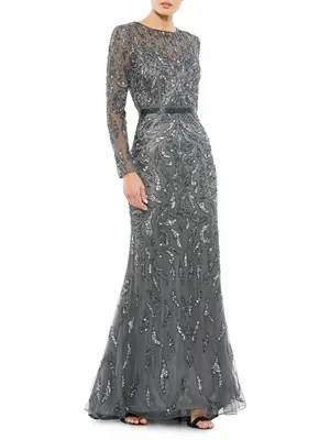 Mac Duggal Illusion Sequin Gown - Black