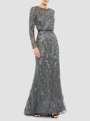 Mac Duggal Illusion Sequin Gown Charcoal