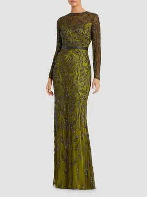 Mac Duggal Illusion Sequin Gown - Olive