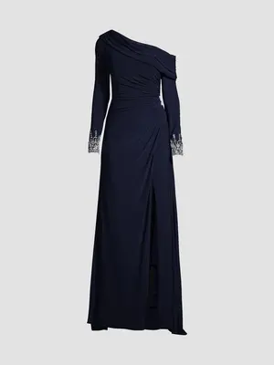 Mac Duggal One-shoulder Jersey Ruched Side Slit Gown